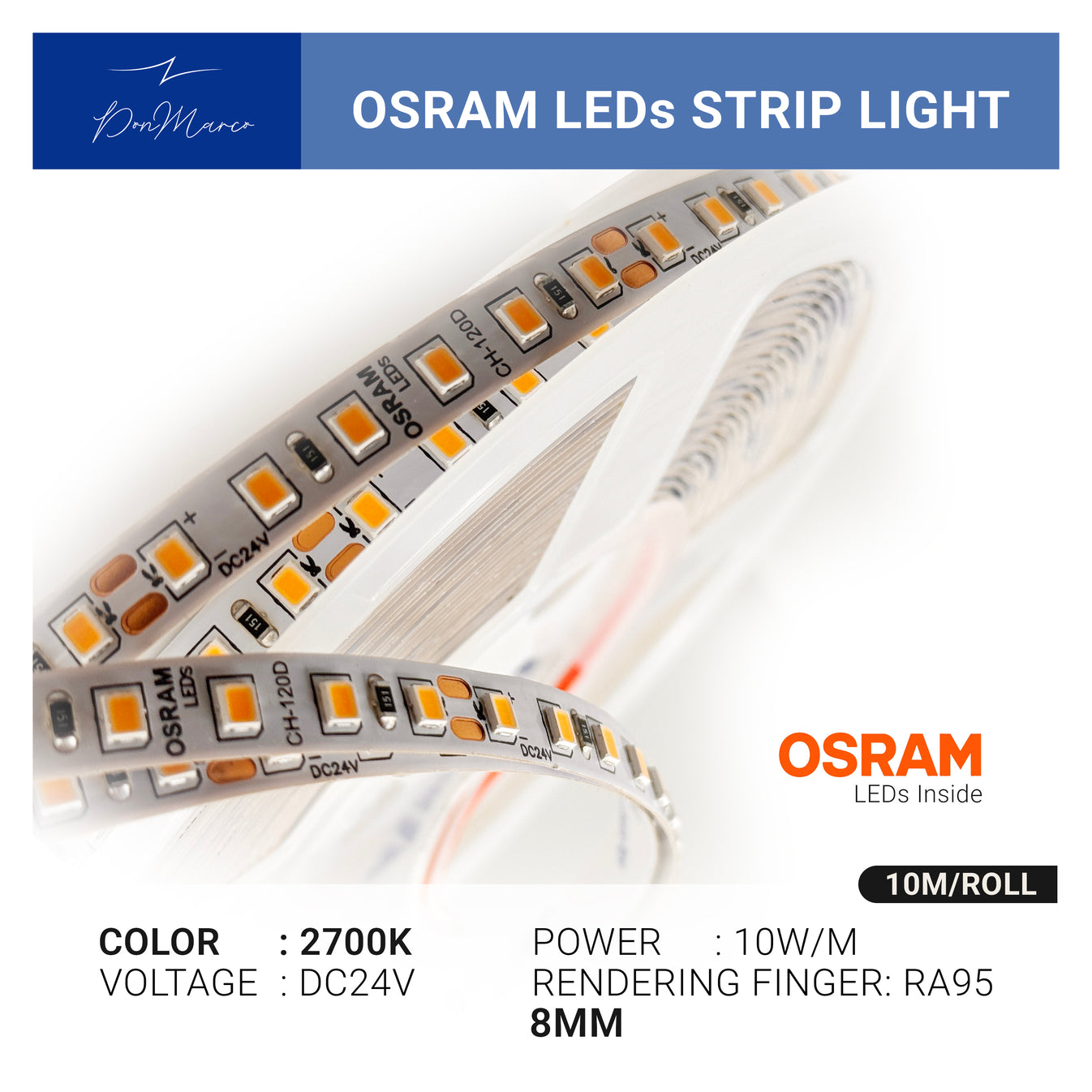 LED Strip Light SMD - OSRAM - 2700K, 980lm/M, 120°, 10W/M, 95RA, IP20 ...